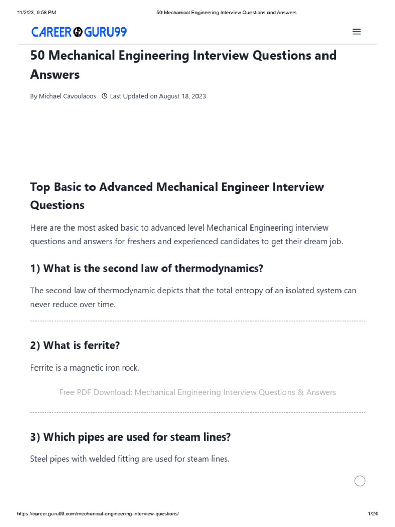 50 Mechanical Engineering Interview Questions and Answers | PDF ...