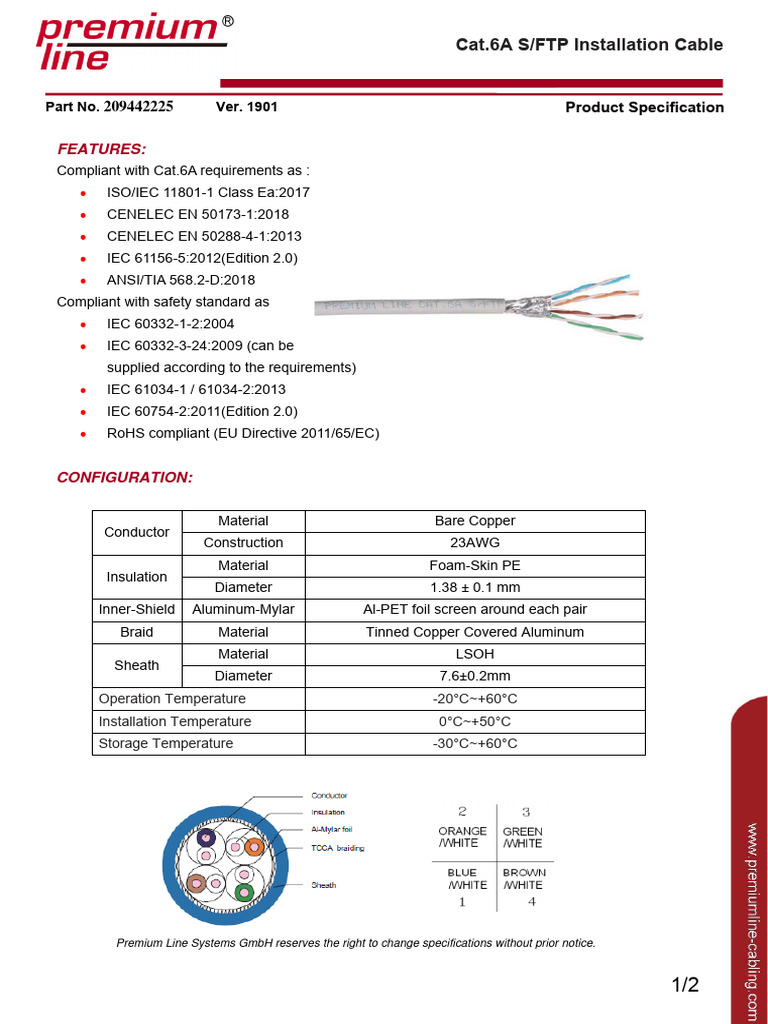 Cat.6A S/FTP Installation Cable Specs | PDF | Electromagnetism ...