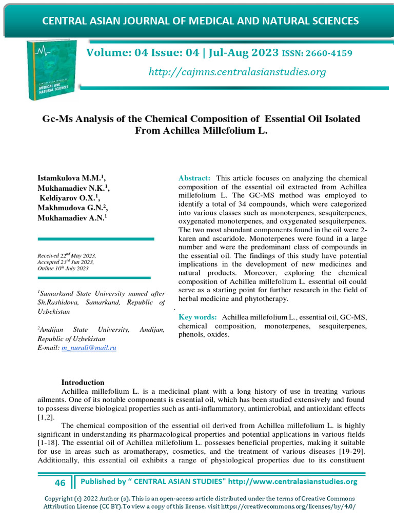 Gc-Ms Analysis of The Chemical Composition of Essential Oil Isolated ...