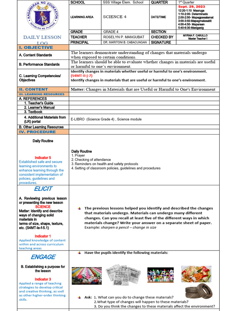 SCIENCE DLL TEMPLATE 2023 2024 SEPT. 29 2023 Cot | PDF | Teachers ...