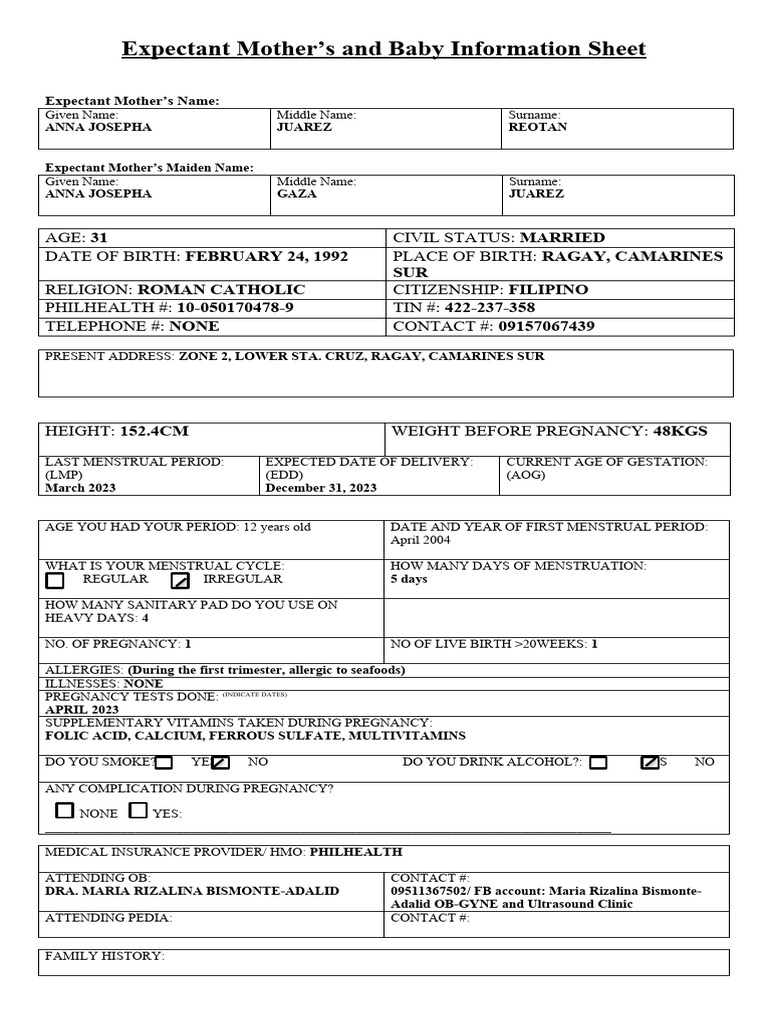 Expectant Mother and Baby Information Sheet | PDF | Pregnancy ...