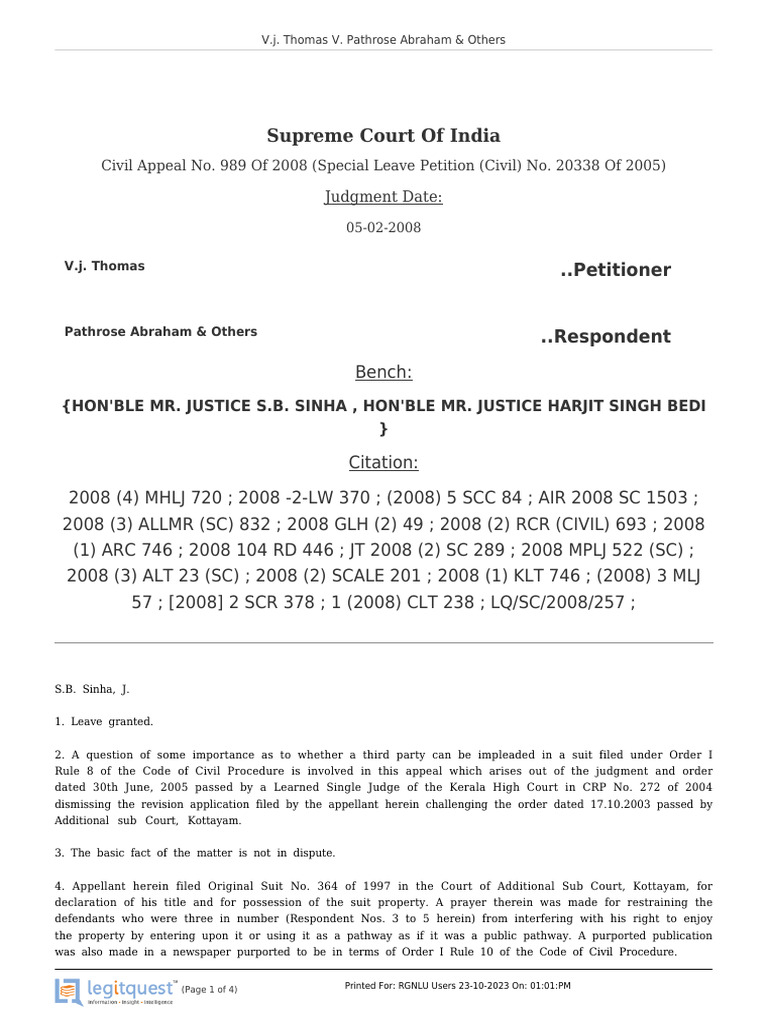 VJ Thomas V Pathrose Abraham Others | Download Free PDF | Lawsuit | Judgment (Law)