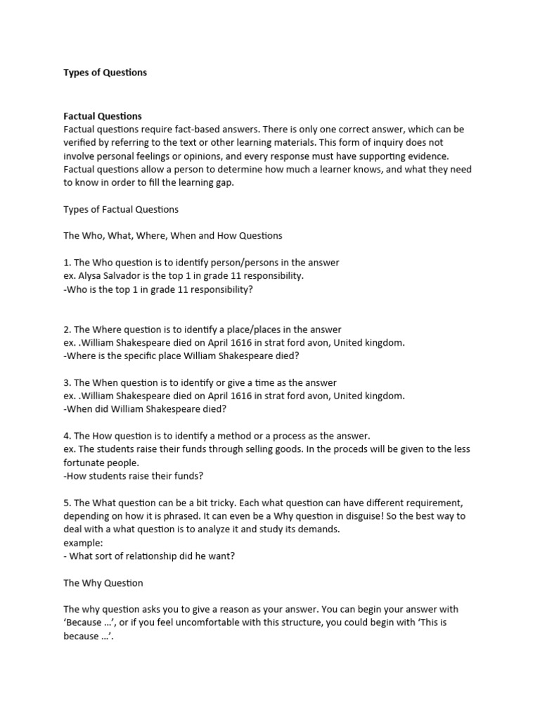 Types of Questions | PDF | Question | Understanding