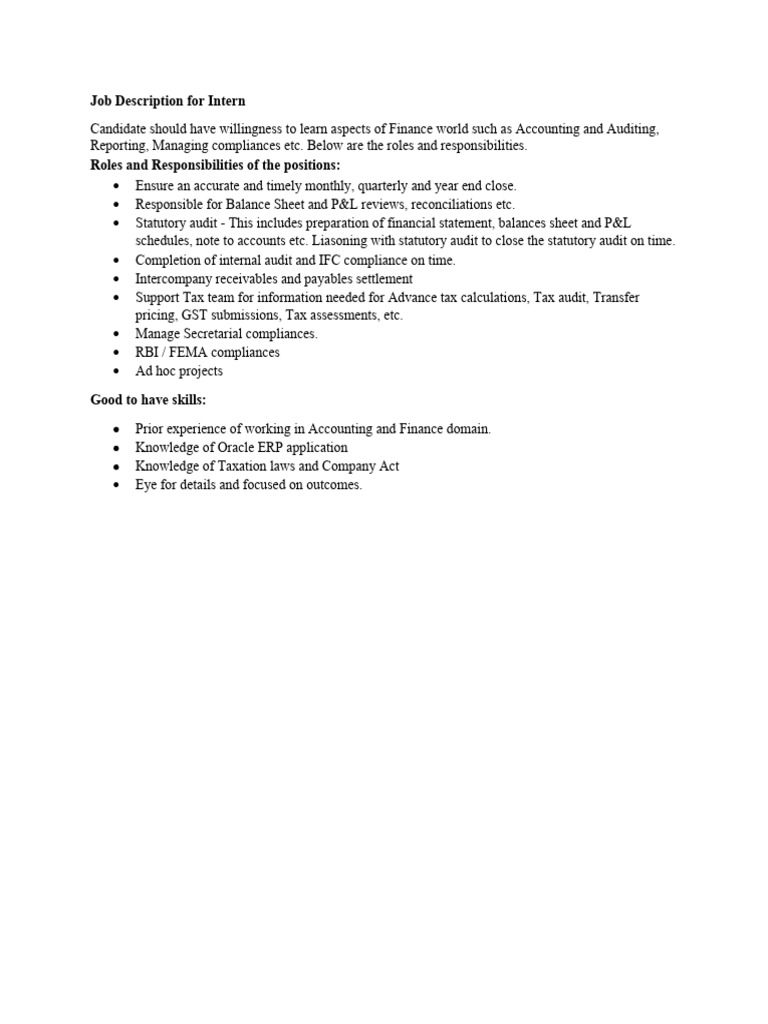 Finance Intern Job Description | PDF