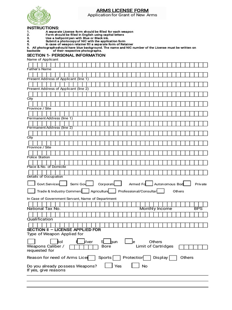 Arms License Application Form | PDF | Caliber | Tools