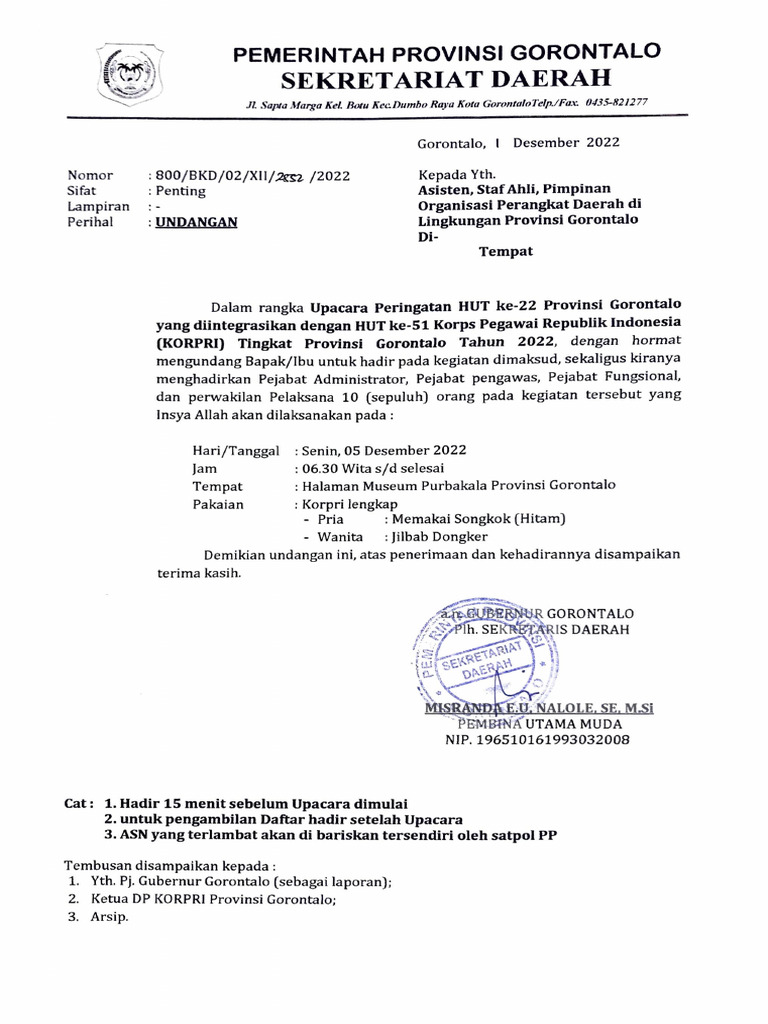 Undangan HUT Provinsi Dirangkaikan HUT Korpri 2022 | PDF