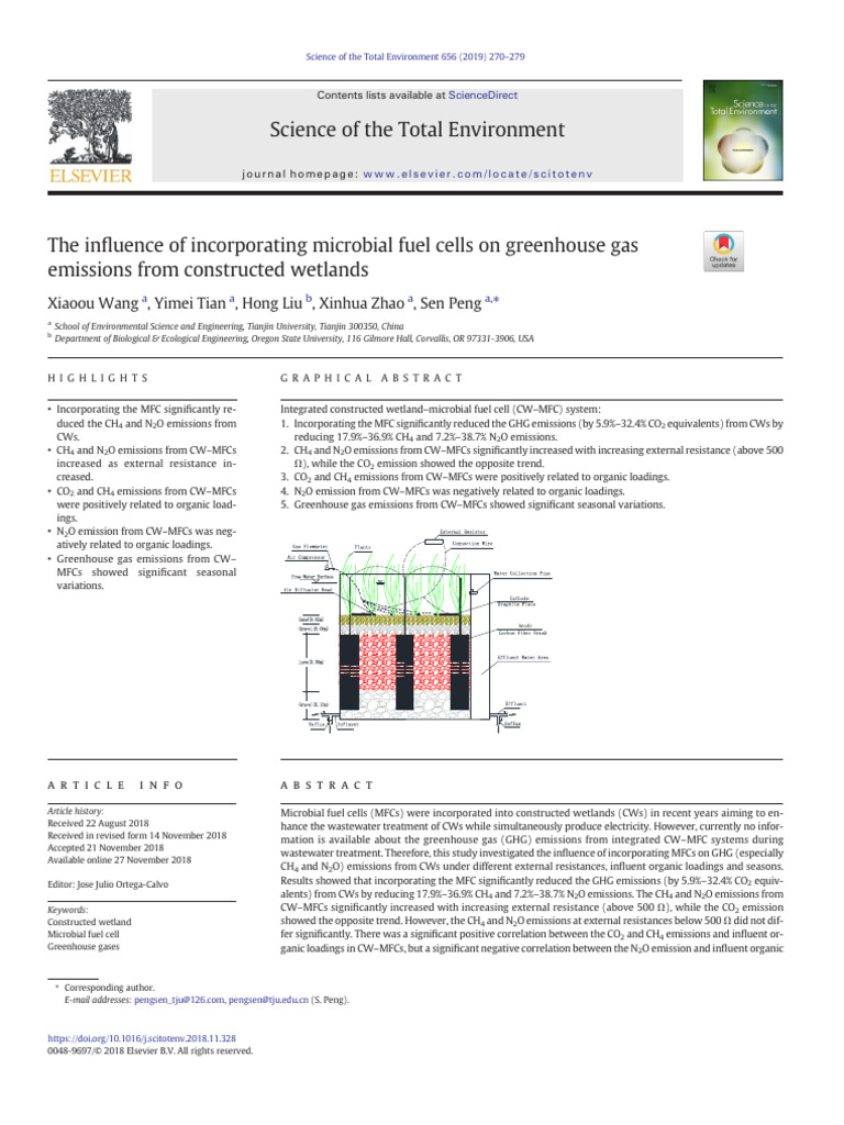 The influence of incorporating microbial fuel cells on greenhouse gas emissions from constructed ...