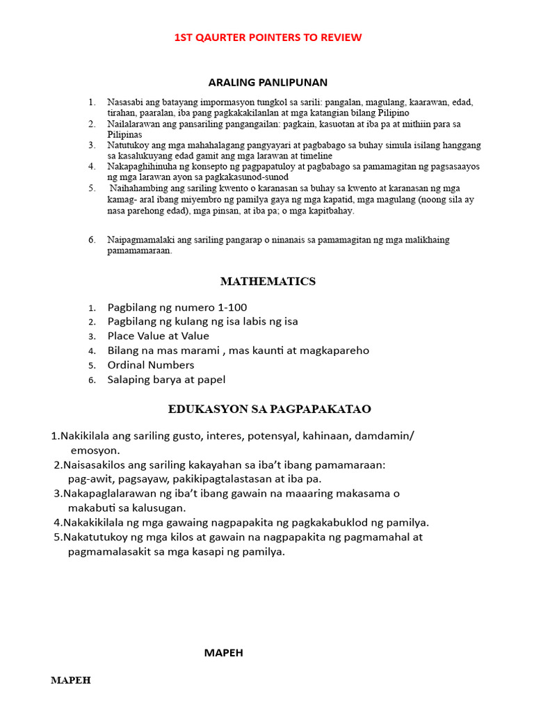 1ST Qaurter Pointers To Review | PDF
