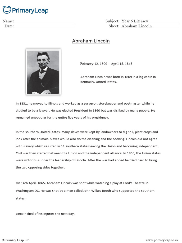 Year 6 Literacy: Abraham Lincoln | PDF | Abraham Lincoln | Union ...