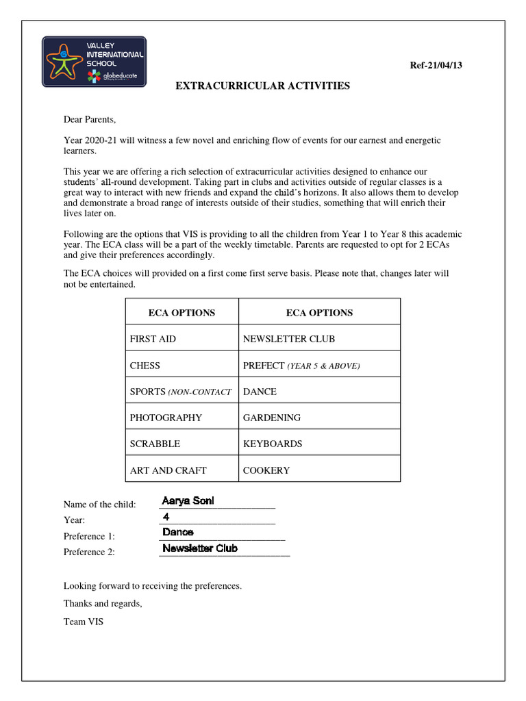 Aarya's ECA Form | PDF