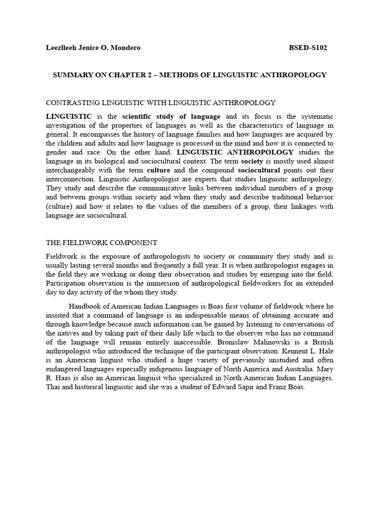 Language Chapter 2 Summary Pdf Anthropology Linguistics 