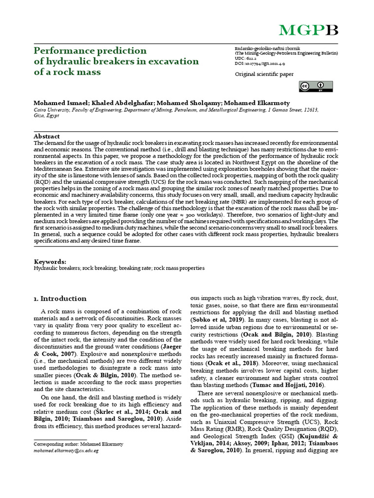 Performance Prediction of Hydraulic Breakers in Excavation of A Rock Mass | PDF