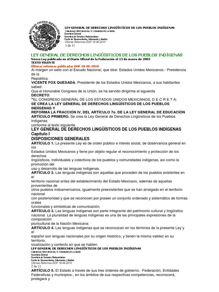 Ley General De Derechos LingÜÍsticos De Los Pueblos IndÍgenas