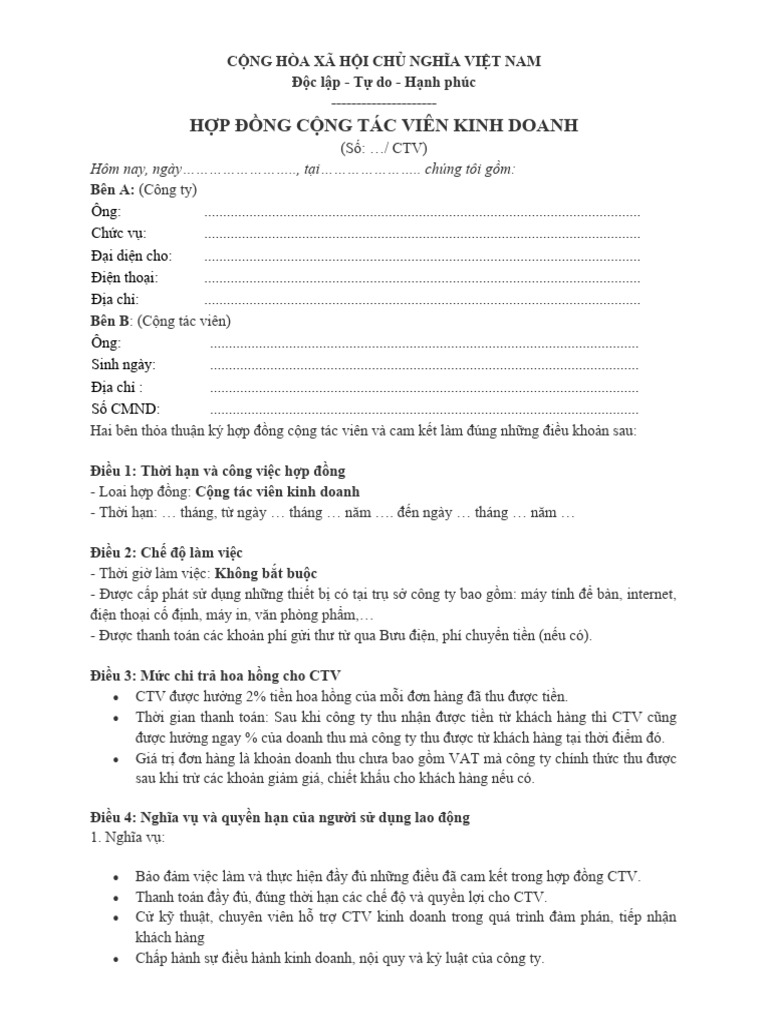 H P Đ NG C NG Tác Viên Kinh Doanh: Hôm Nay, Ngày .., T I .. Chúng Tôi G M | PDF