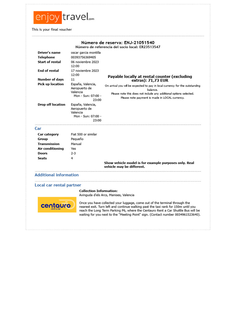Enjoy Travel Car Hire Voucher Details | PDF | Transport | Vehicles