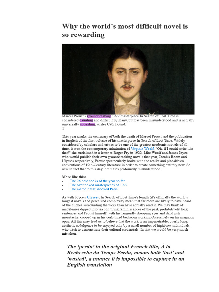 Why The World's Most Difficult Novel Is So Rewarding | PDF | In Search ...