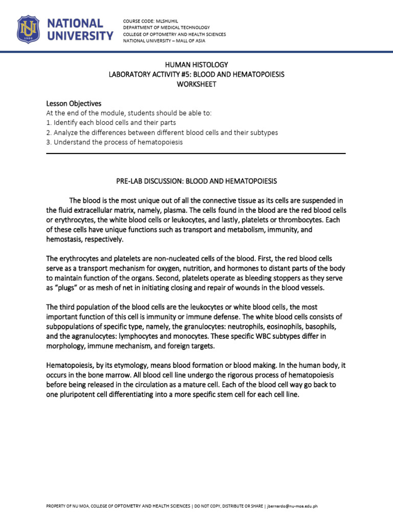 Lab. Act. #5 - Blood and Hematopoiesis | PDF | White Blood Cell ...