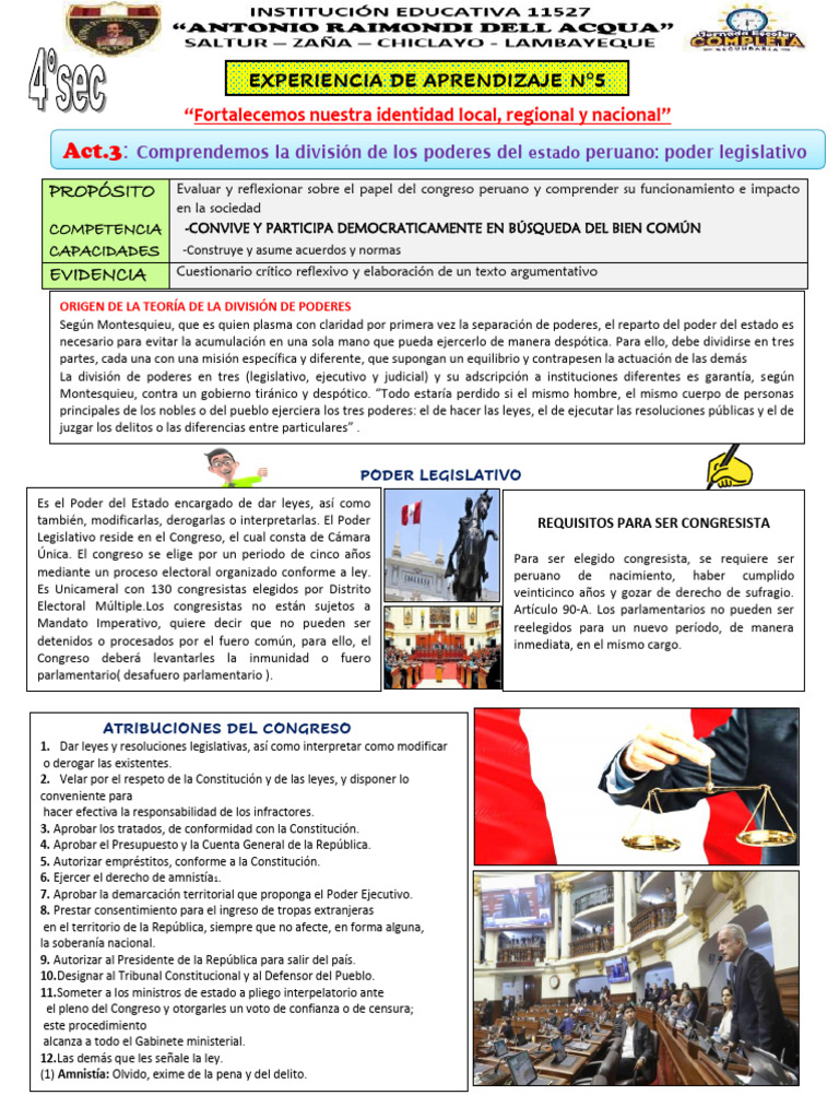 ACT 3-DPCC 4°-Comprendemos la división de los poderes del estado ...