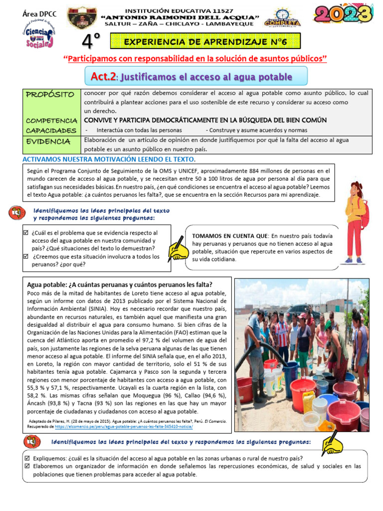 4°DPCC - EDA N°6 - ACT 2-Justificamos El Acceso Al Agua Potable-Actual | PDF | Agua | Agua potable