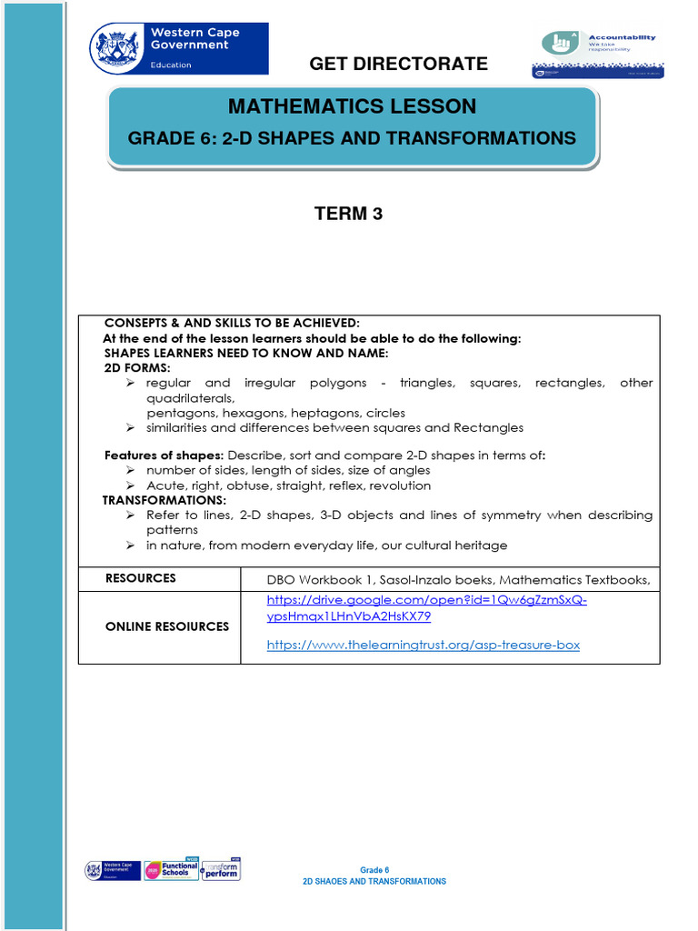 Lesson Plan GR 6 Mathematics Term 3 2D and Transformastions 2021 | PDF | Shape | Rectangle
