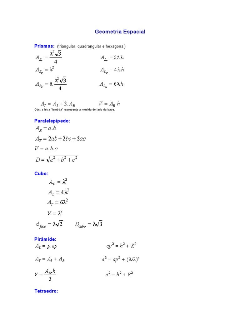 Geometria Espacial - Formulas | PDF | Geometria Clássica | Geometria ...