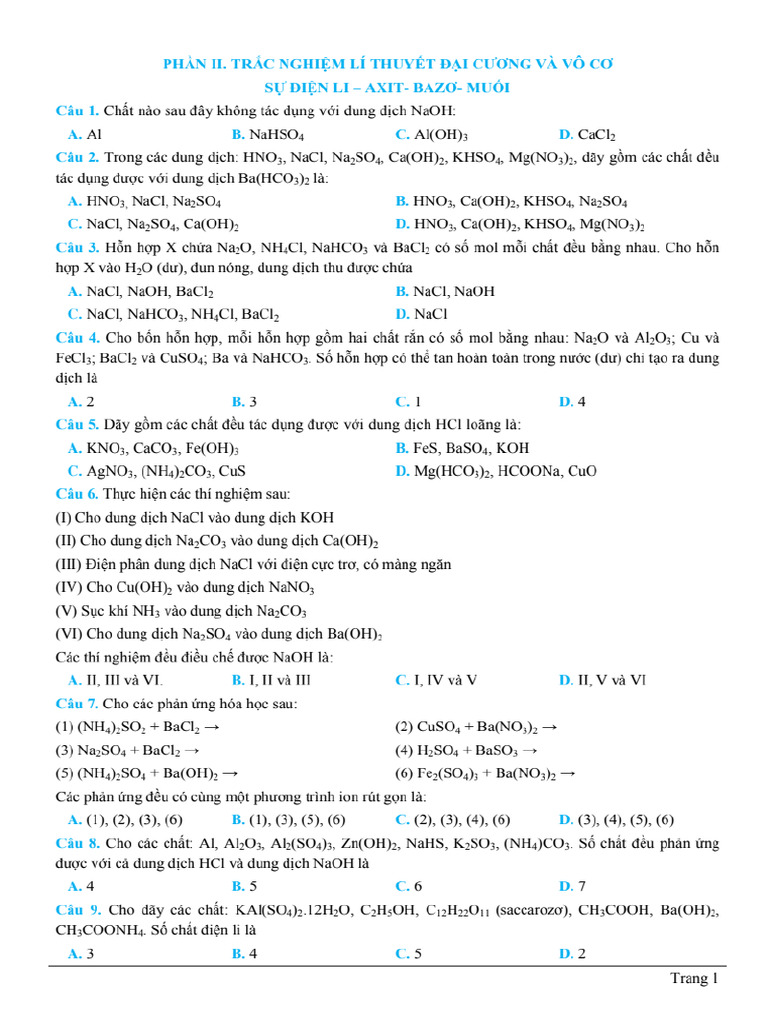 4. Sự điện li - Axit - Bazo - Muối | PDF
