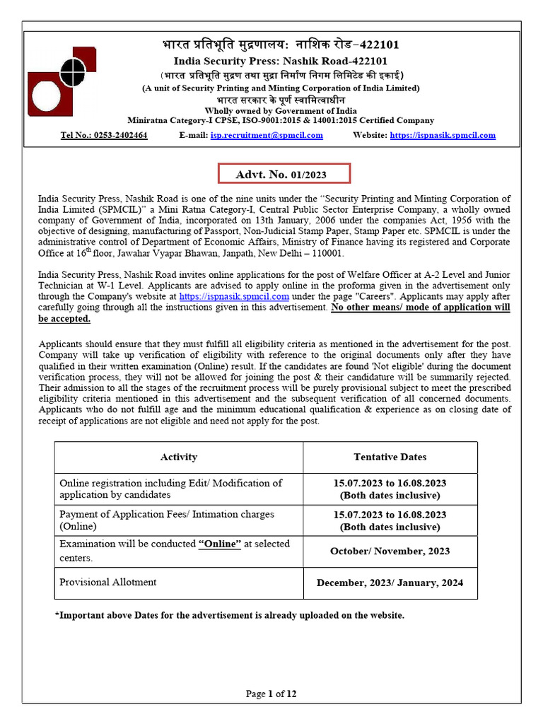 Nashik Security Press Recruitment 2023 | PDF | Identity Document | Payments