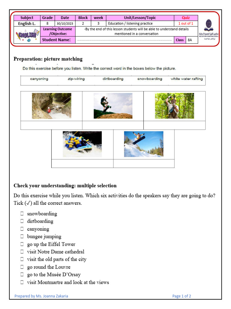 Mon. Listening Worksheet | PDF