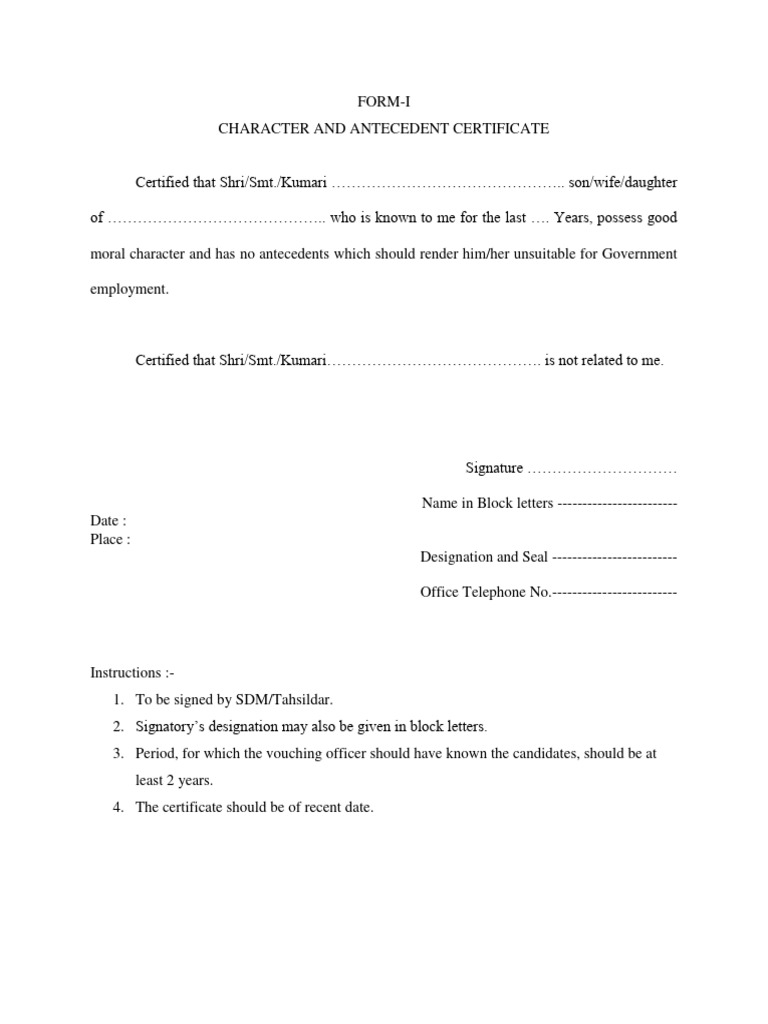Character & Antecedent Certificate | PDF