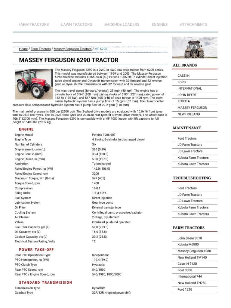 Massey Ferguson 6290 Tractor - Technical Data and Review | PDF ...