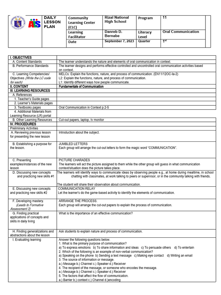 XDLP Oral Comm Week 1 | PDF | Communication | Learning