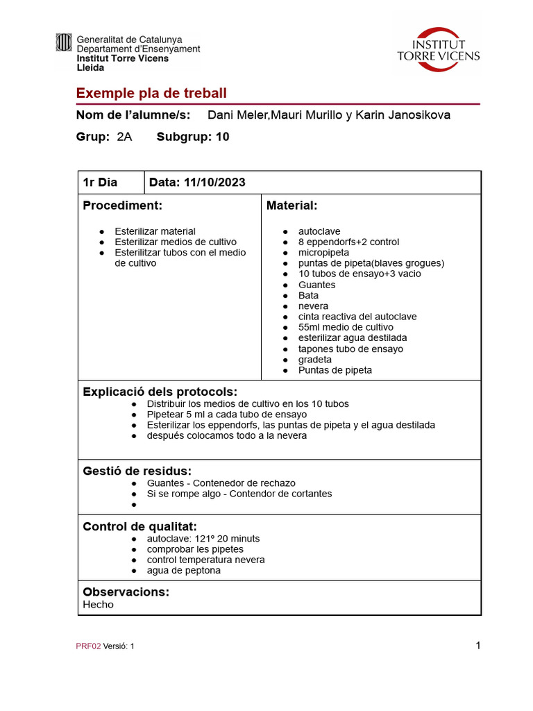 Pla de Treball 1 | PDF | Laboratorios