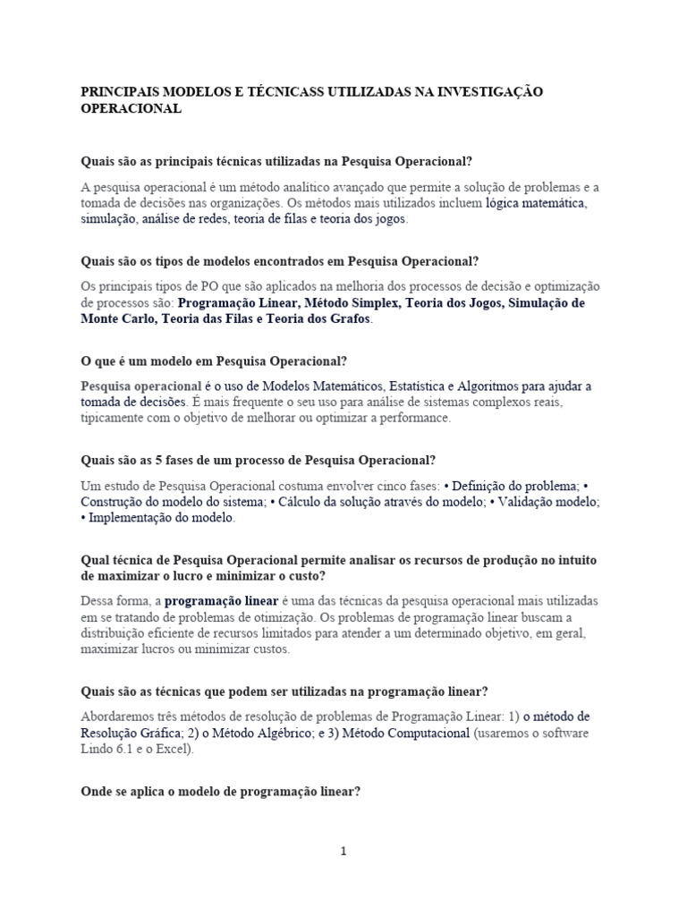 PESQUISA OPERACIONAL FICHA 4 PRINCIPAIS MODELOS E TÉCNICASS UTILIZADAS ...