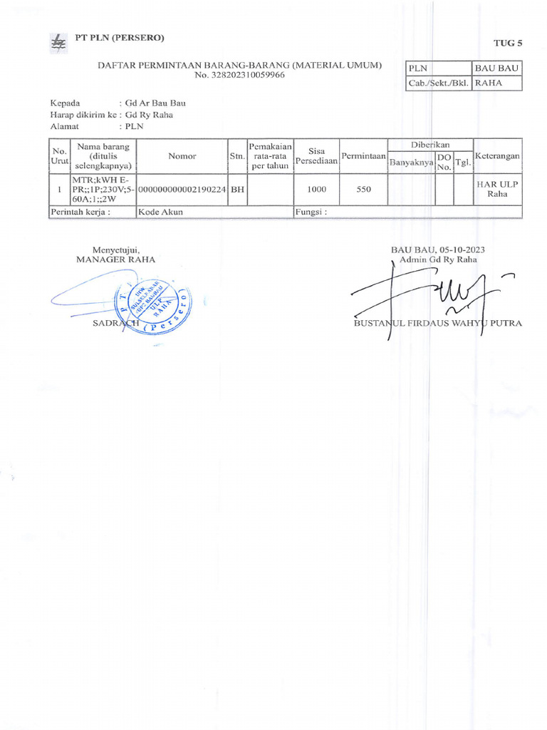 Permintaan KWH HAR ULP Raha 0105102023 | PDF