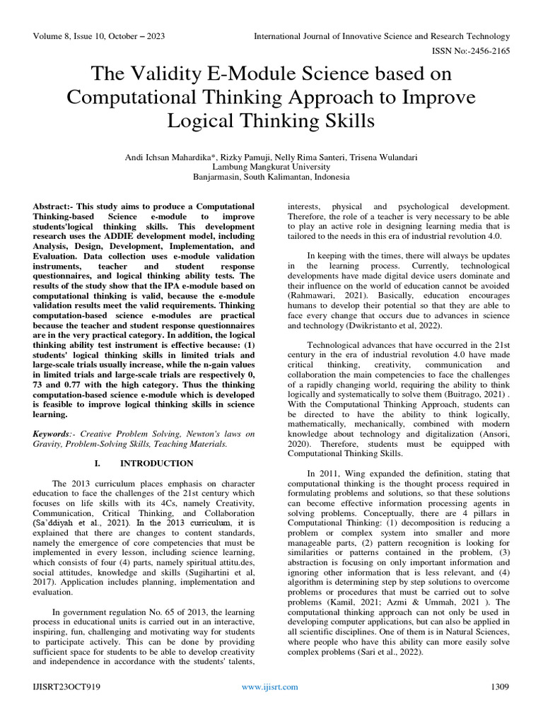 The Validity E-Module Science Based On Computational Thinking Approach To Improve Logical ...