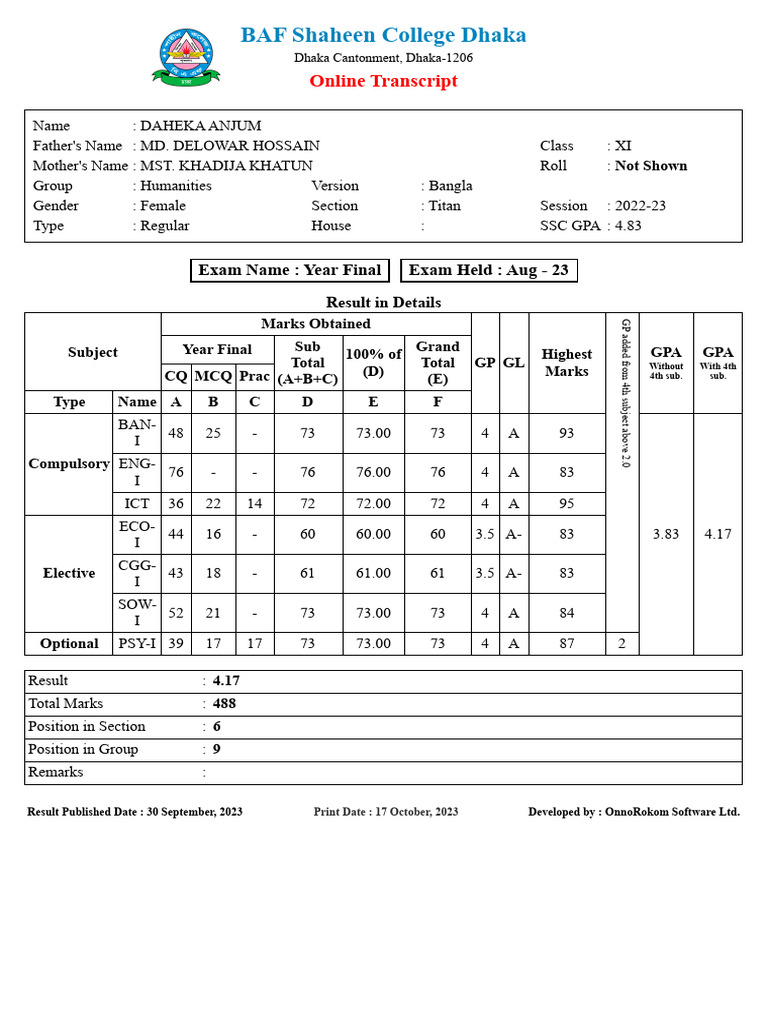 BAF Shaheen College Dhaka: Online Transcript | PDF | Educational ...