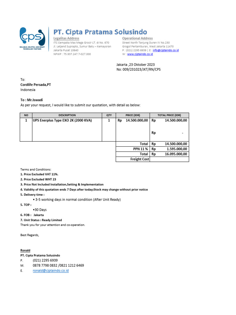 Quotation Enerplus UPS (Cordlife Persada, PT) - 23 Oktober 2023 | PDF