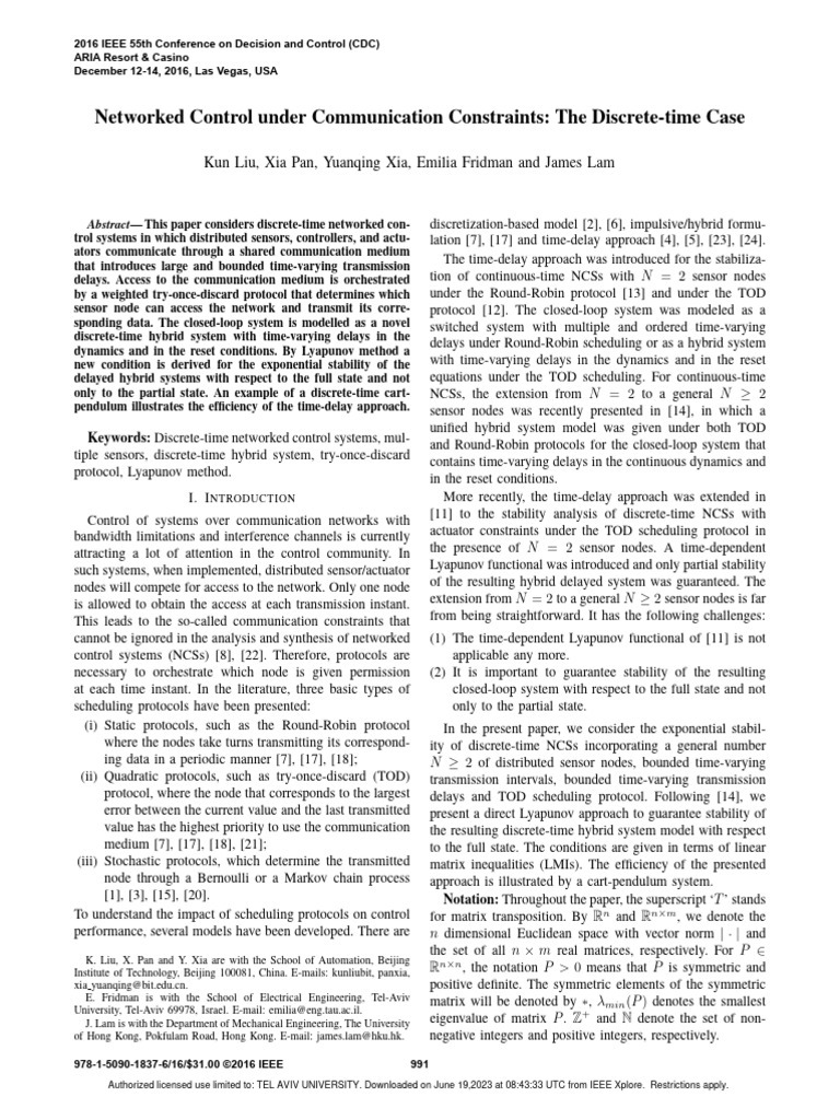 Networked Control Under Communication Constraints The Discrete-Time Case | PDF | Matrix ...