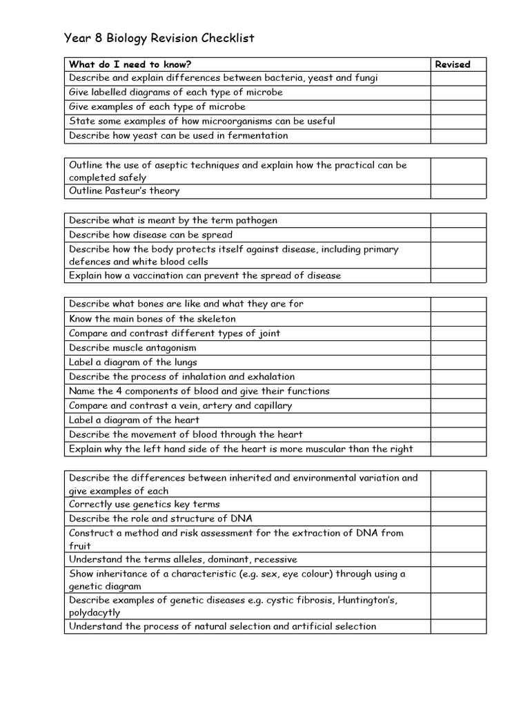 Year 8 Biology Revision Guide | PDF