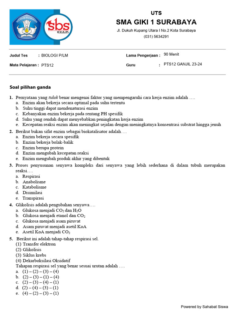 Soal Pts Biologi Xii Ganjil 23-24 | PDF | Sains & Matematika