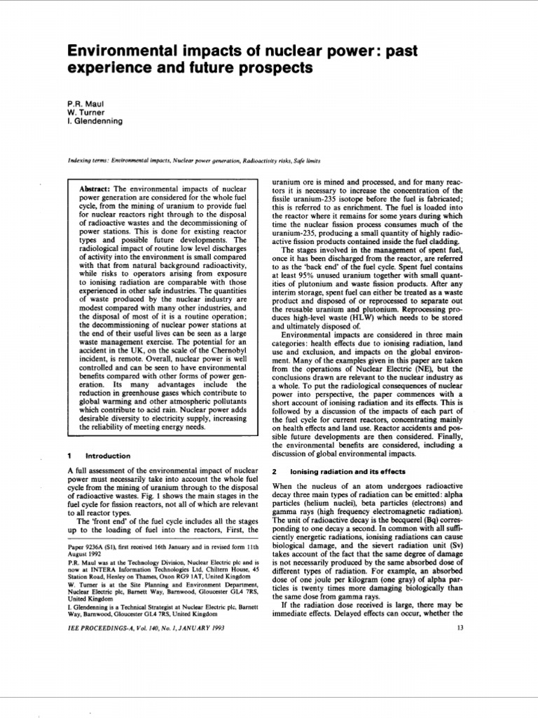 Environmental Impacts of Nuclear Power Past and Future Prospects ...