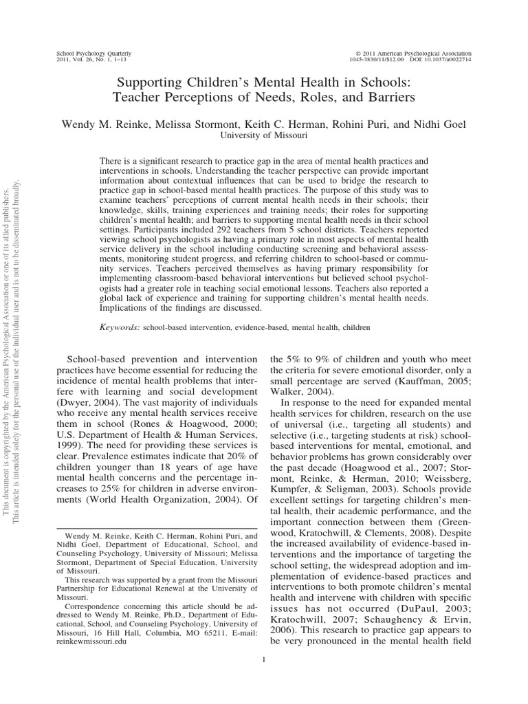 Supporting Children's Mental Health in Schools: Teacher Perceptions of ...