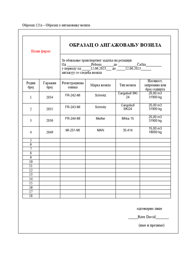 Obrazac 121a - Obrazac o Angazovanju Vozila | PDF