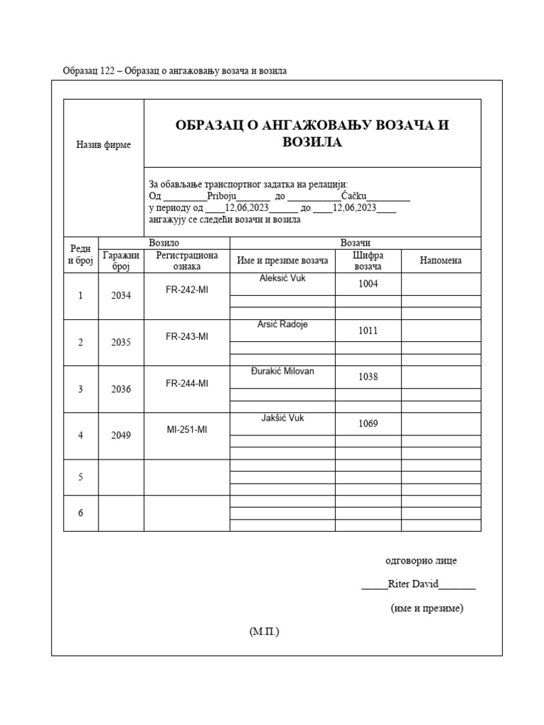 Obrazac 122 - Obrazac o Angazovanju Vozaca I Vozila | PDF