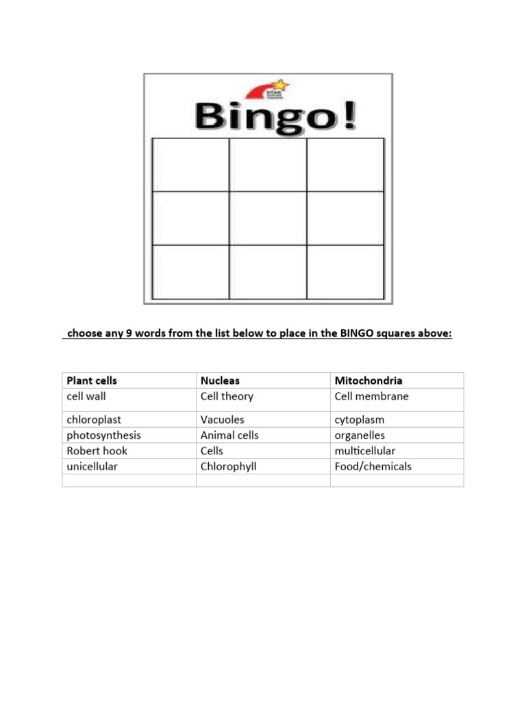 Bingo Cells Template | PDF | Cell (Biology) | Chloroplast