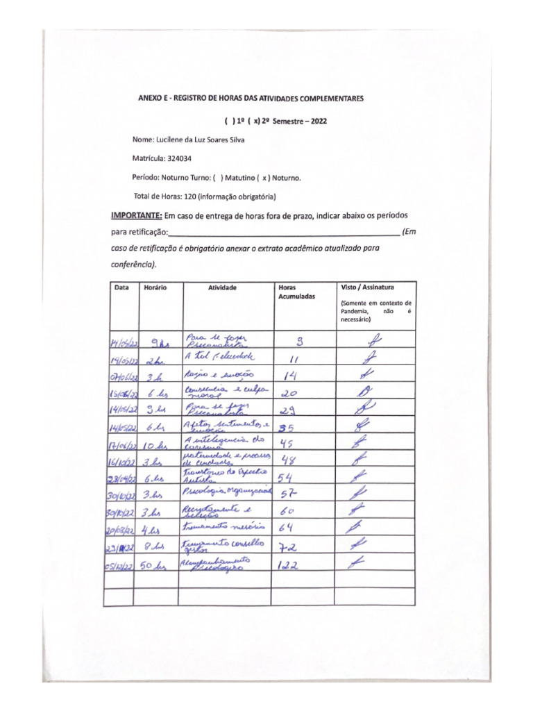 Anexo e - Registro de Horas Das Atividades Complementares 12 | PDF