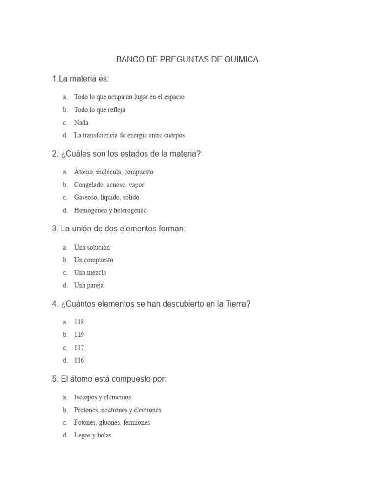 Banco de Preguntas DE QUIMICA | PDF | Enlace químico | Elementos químicos