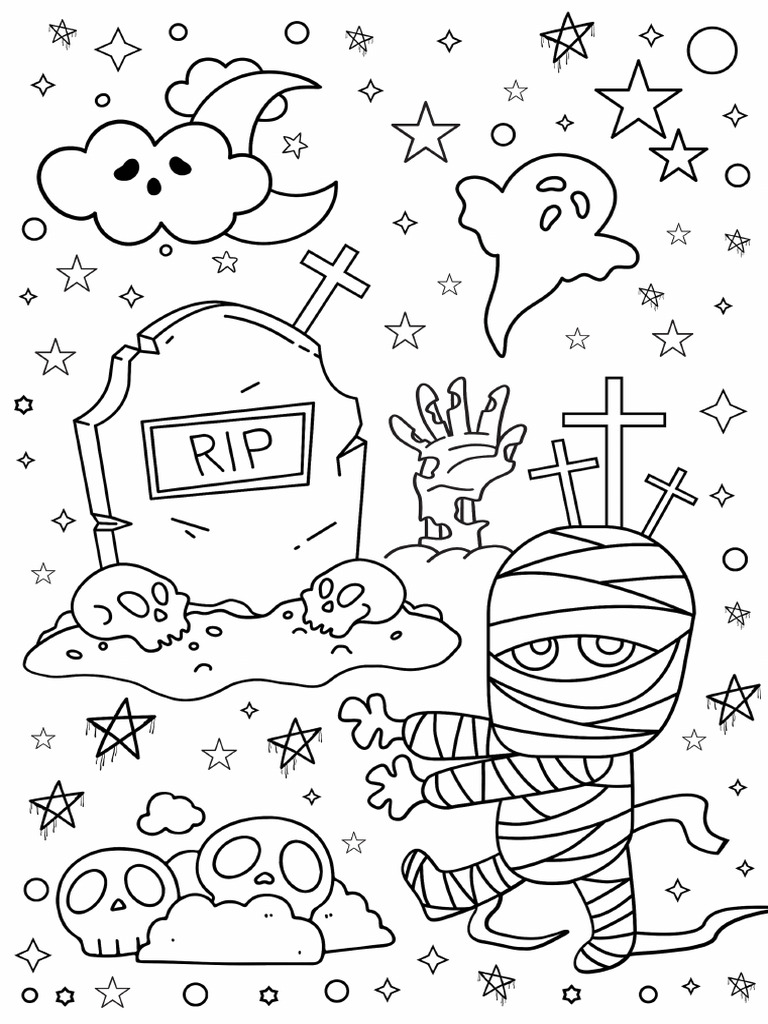 Black and White Linear Spooky Halloween Printable Children Coloring ...