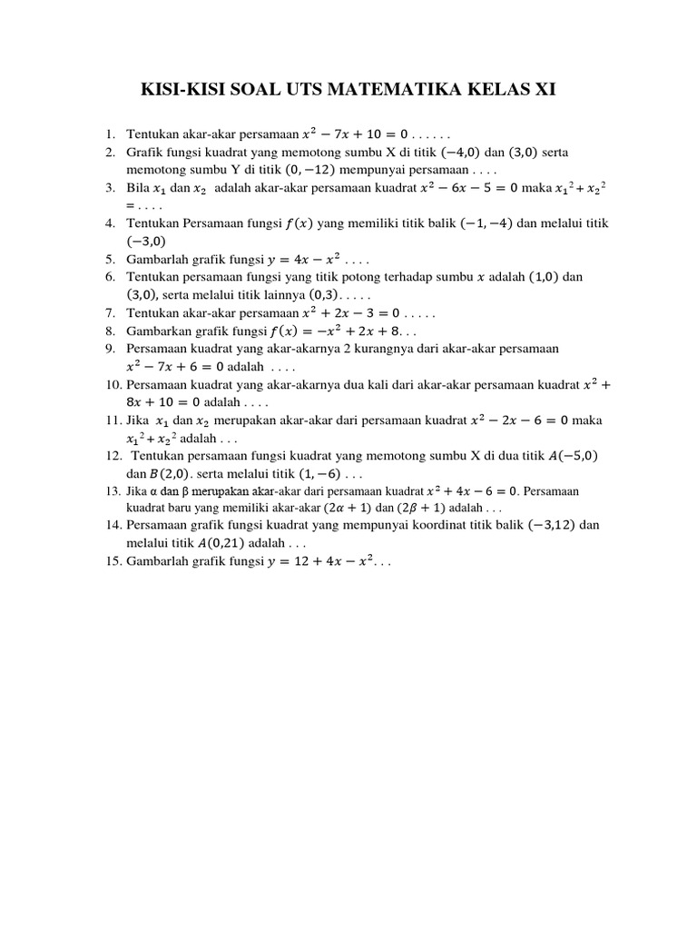 Kisi-Kisi Soal STS Matematika Kelas Xi | PDF