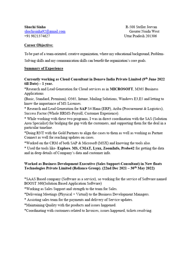 Resume CAM - Shuchi Sinha | Download Free PDF | Software As A Service ...